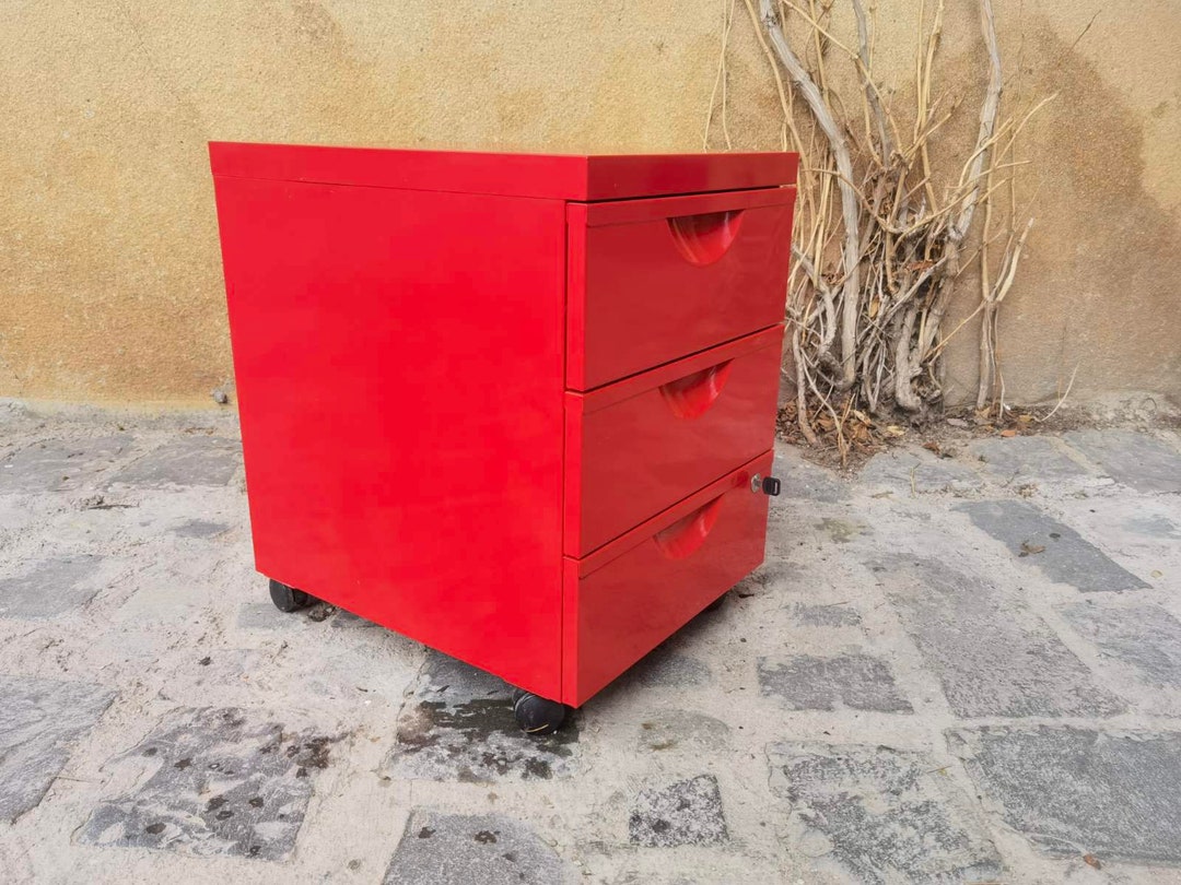 Vintage Metal Red Nightstand, Lovely Red Nightstand With Drawers, 1970 ...