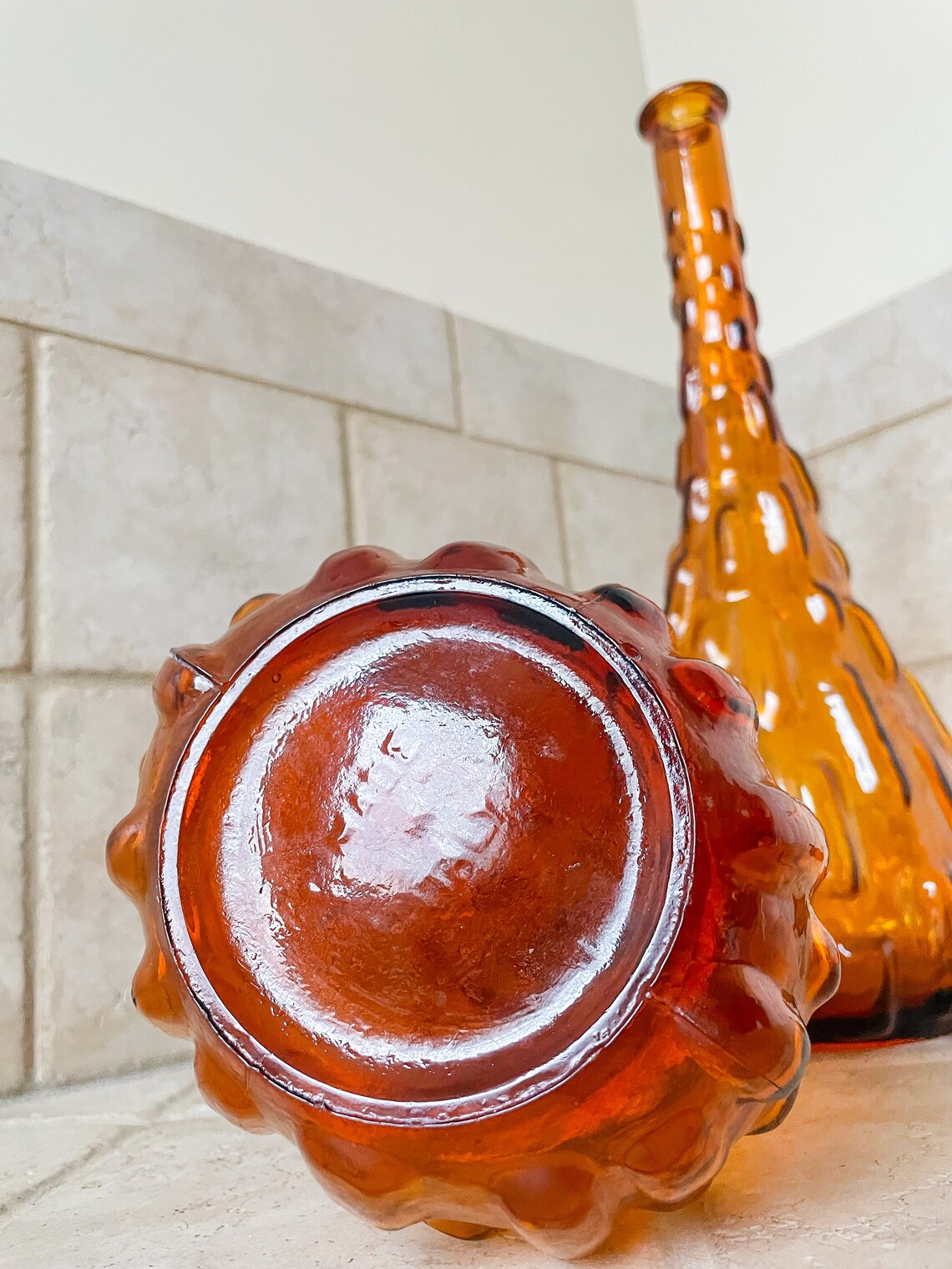 Italian Glass Amber Empoli Genie Bottle | Pair of Amber Made in Italy ...