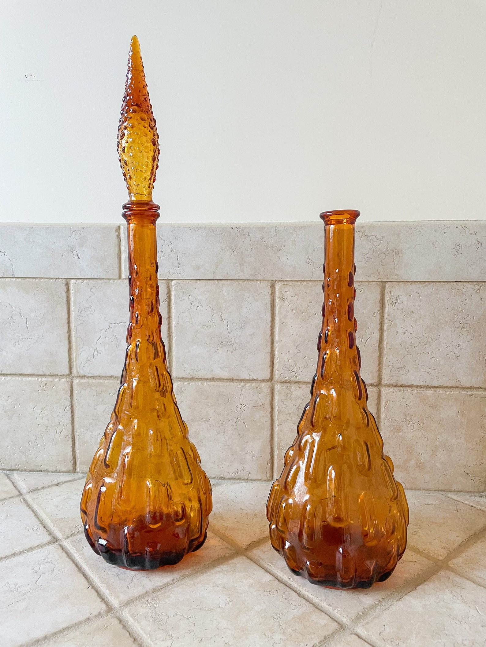 Italian Glass Amber Empoli Genie Bottle | Pair of Amber Made in Italy ...