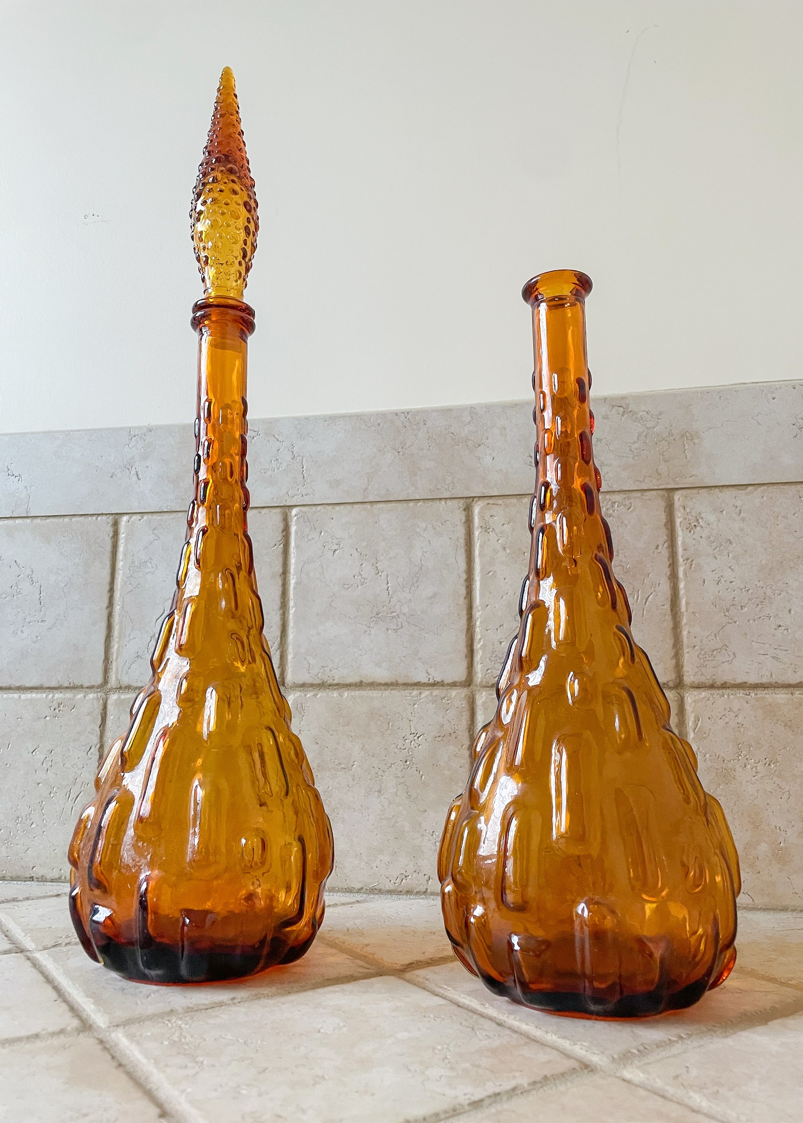 Italian Glass Amber Empoli Genie Bottle | Pair of Amber Made in Italy ...