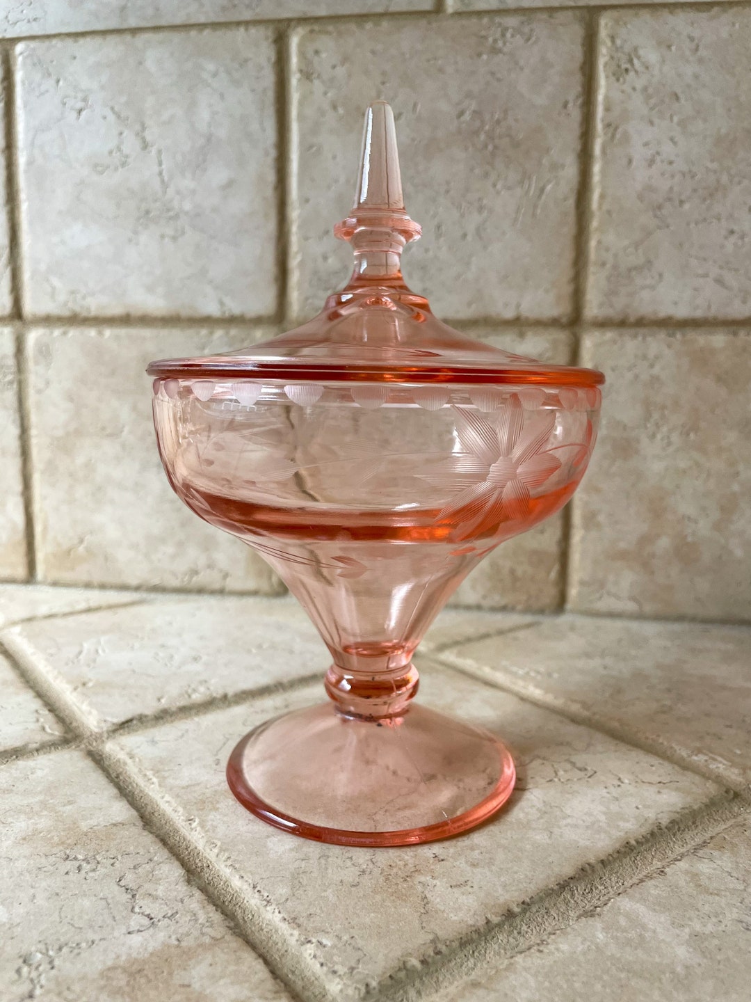 Pink Depression Glass Compote With Lid | Footed Pink Glass Compote With ...