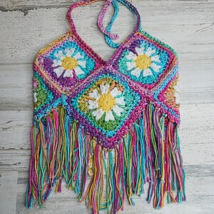 Boho Crochet Girls Crop Halter Top / Groovy Rainbow Sunflower and Daisy ...