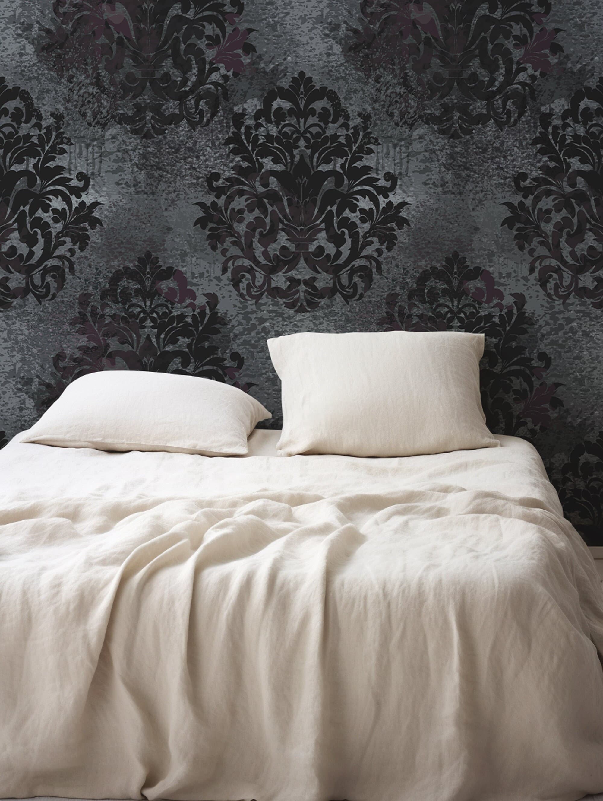 Dark Gothic Damask Wallpaper, Burgundy Accent, Blue Background 078 - Etsy