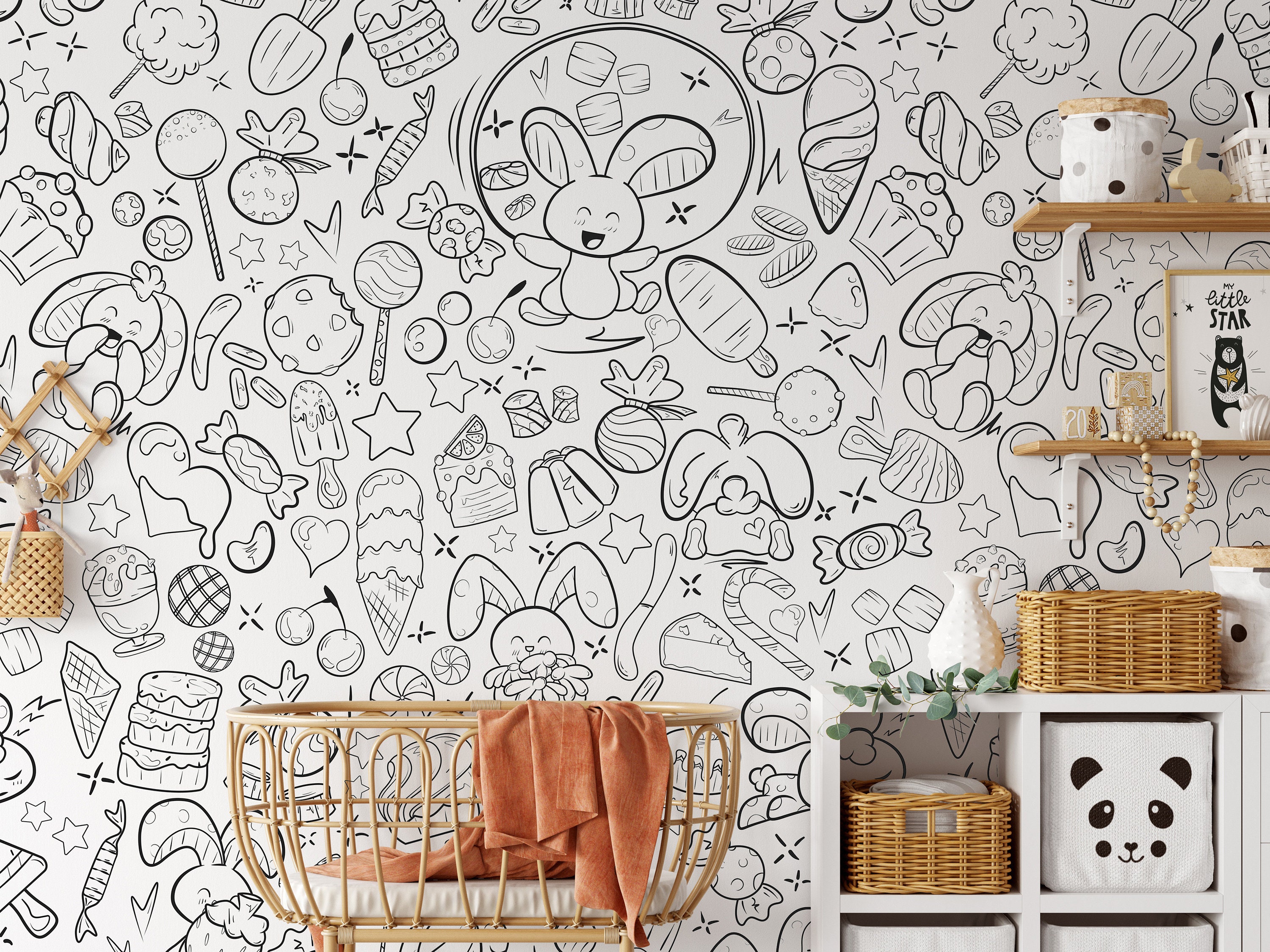 Cute Bunnies Doodle Coloring Wallpaper, Kidsroom Interactivedecor, DIY ...
