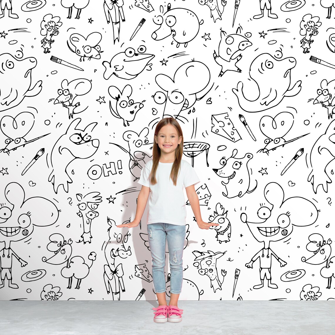 Colouring Book Removable Wallpaper, Kids Room Doodles Animals Wallpaper ...