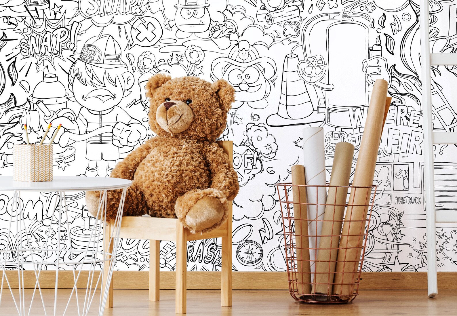 Boys Room Color Me Wallpaper, Fireman Doodles Wall Murals, Coloring ...