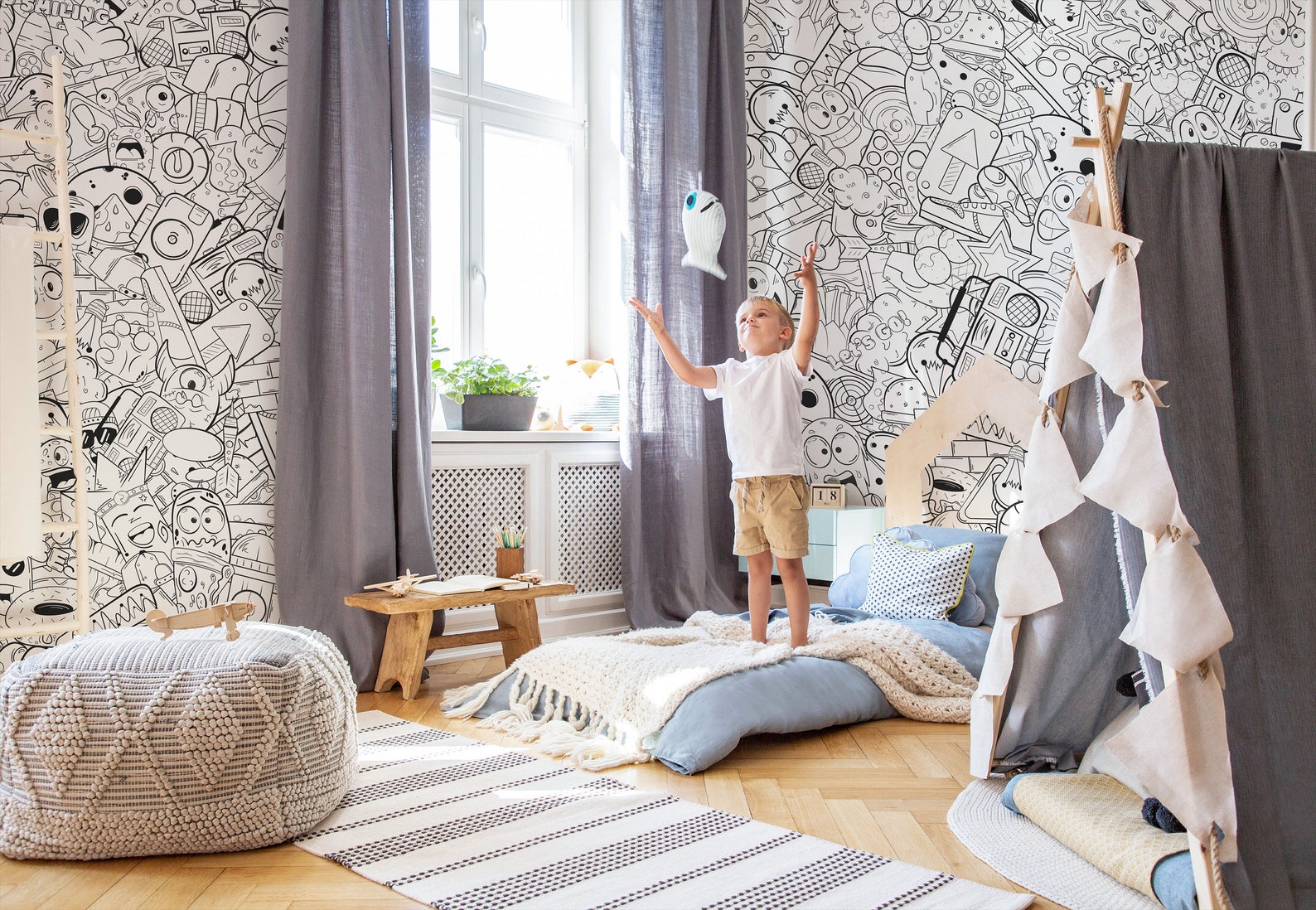 Cartoon Colouring Doodles Wallpaper, Teens Room Wallpaper, Color Me ...