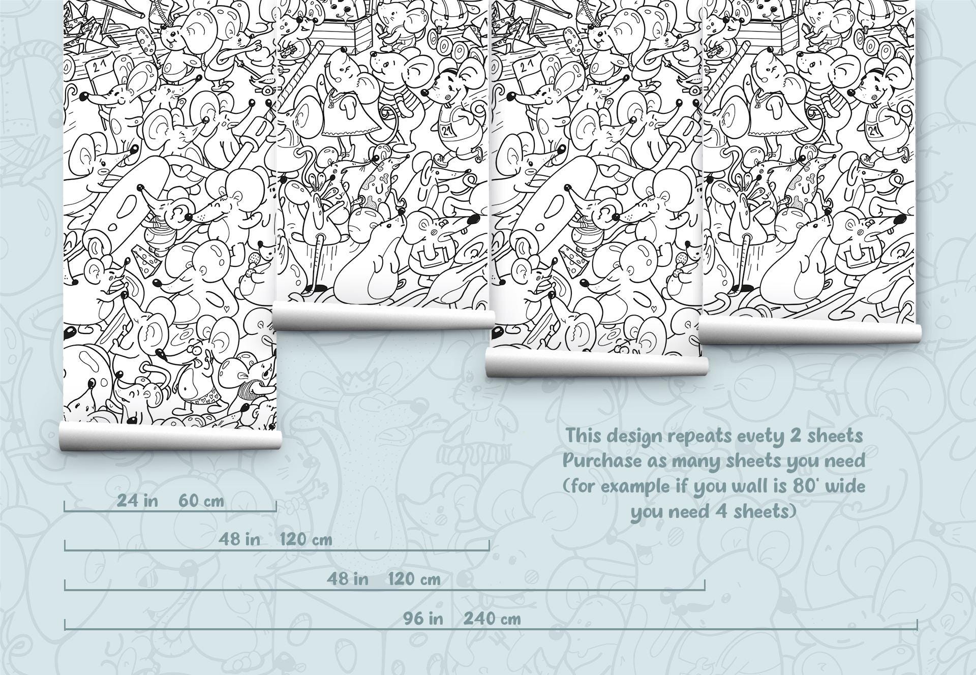Cute Coloring Wallpaper for Kids Room, Black and White Mouse Doodles ...