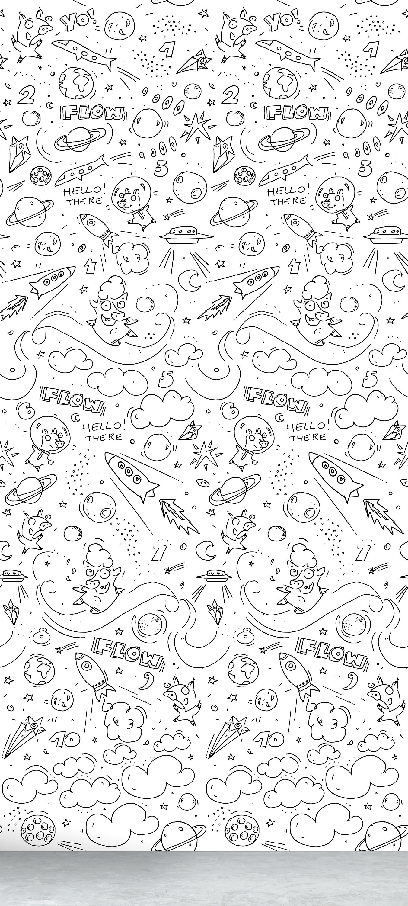 Pigs Colouring Book Removable Wallpaper, Kids Room Doodles Piglet ...