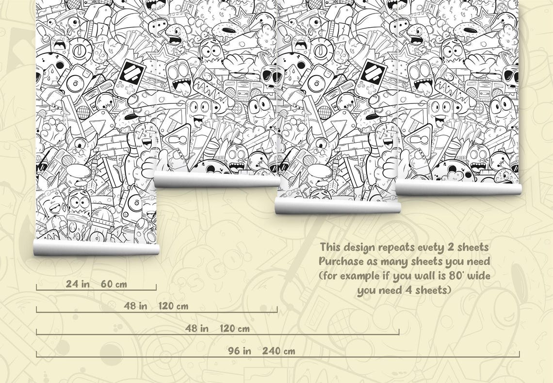 Cartoon Colouring Doodles Wallpaper, Teens Room Wallpaper, Color Me ...