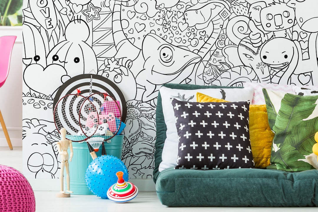 Kids Room Doodles Wallpaper, Color Me Jungle Wall Mural, Cute Animals ...