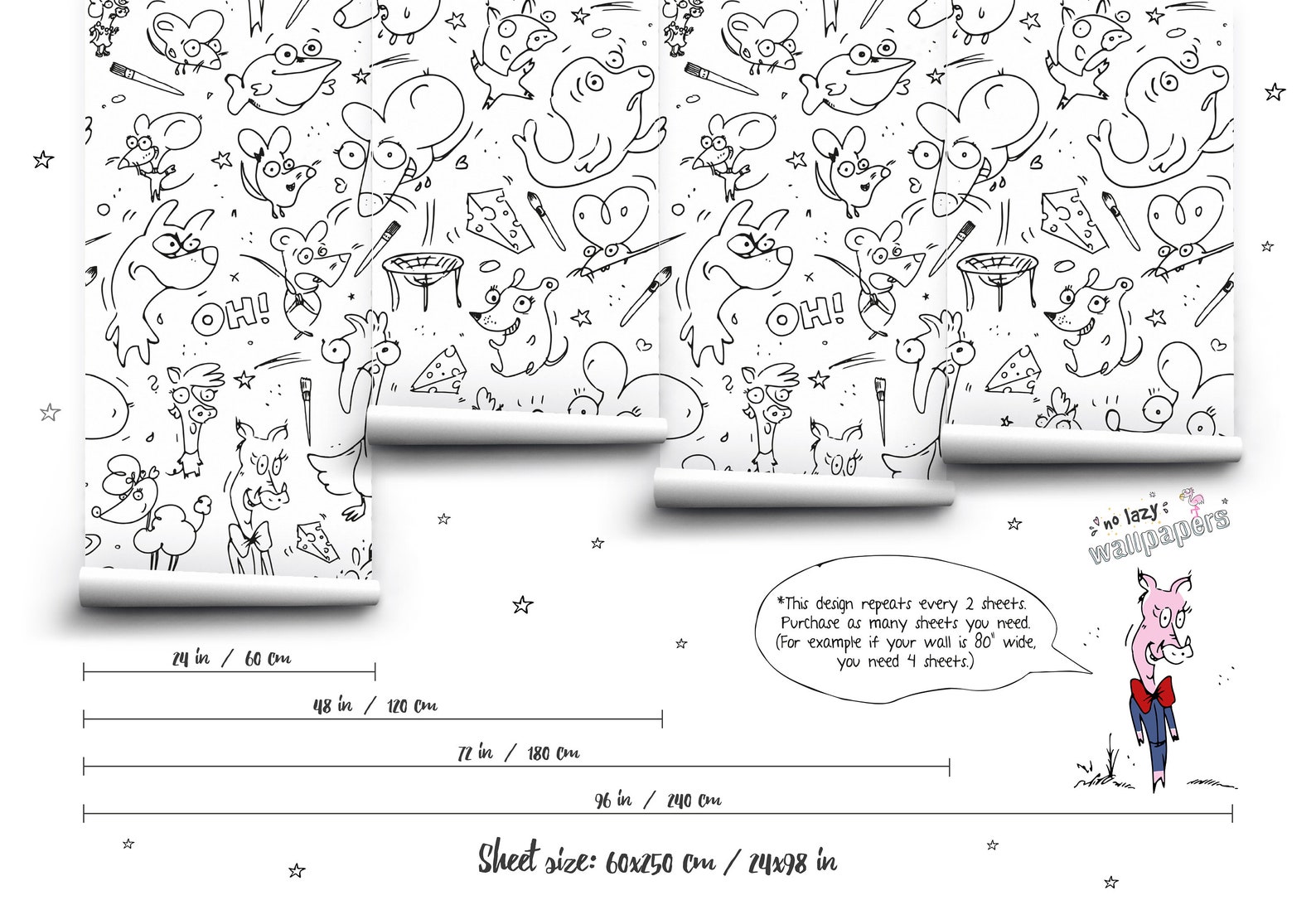 Colouring Book Removable Wallpaper, Kids Room Doodles Animals Wallpaper ...