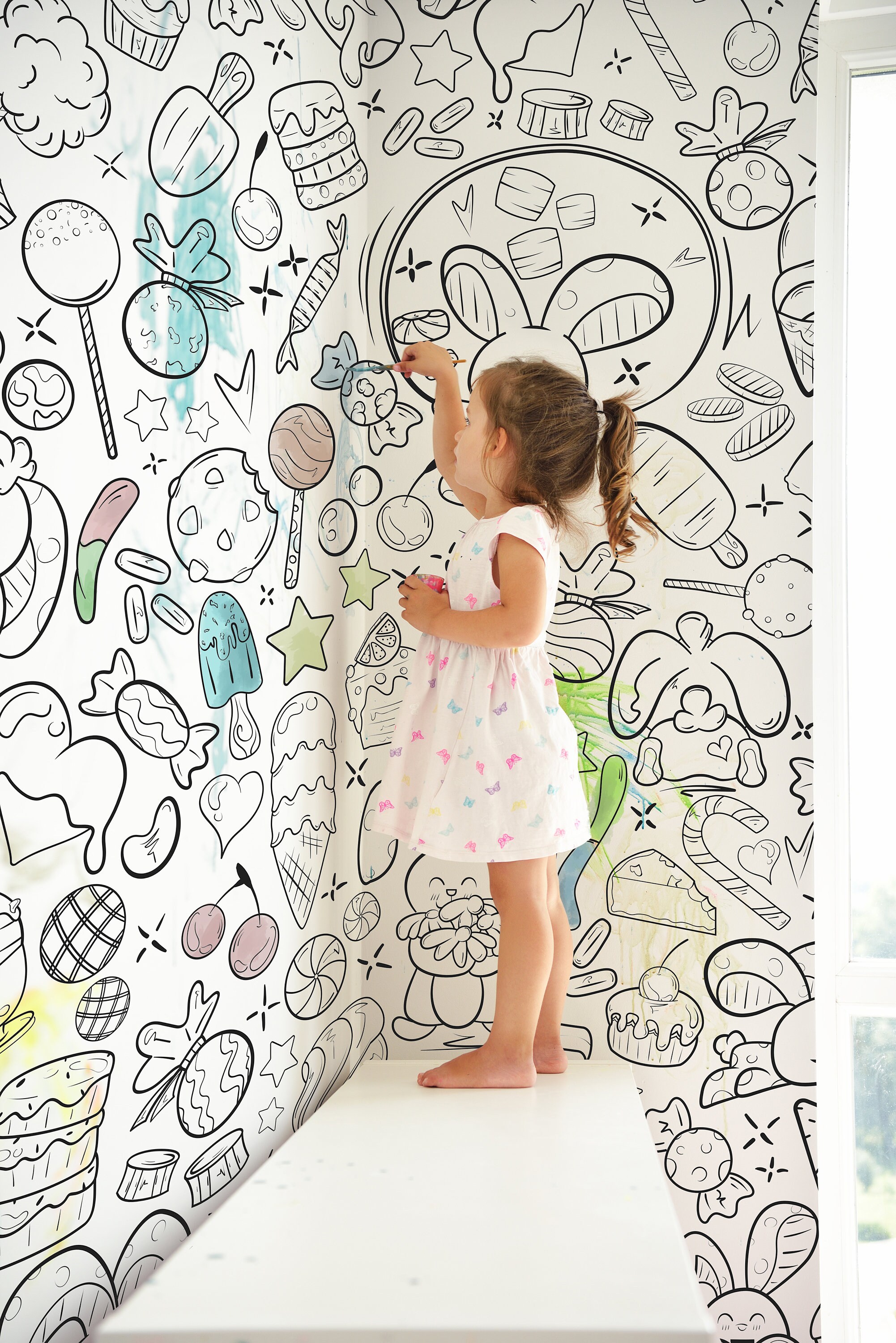 Cute Bunnies Doodle Coloring Wallpaper, Kidsroom Interactivedecor, DIY ...
