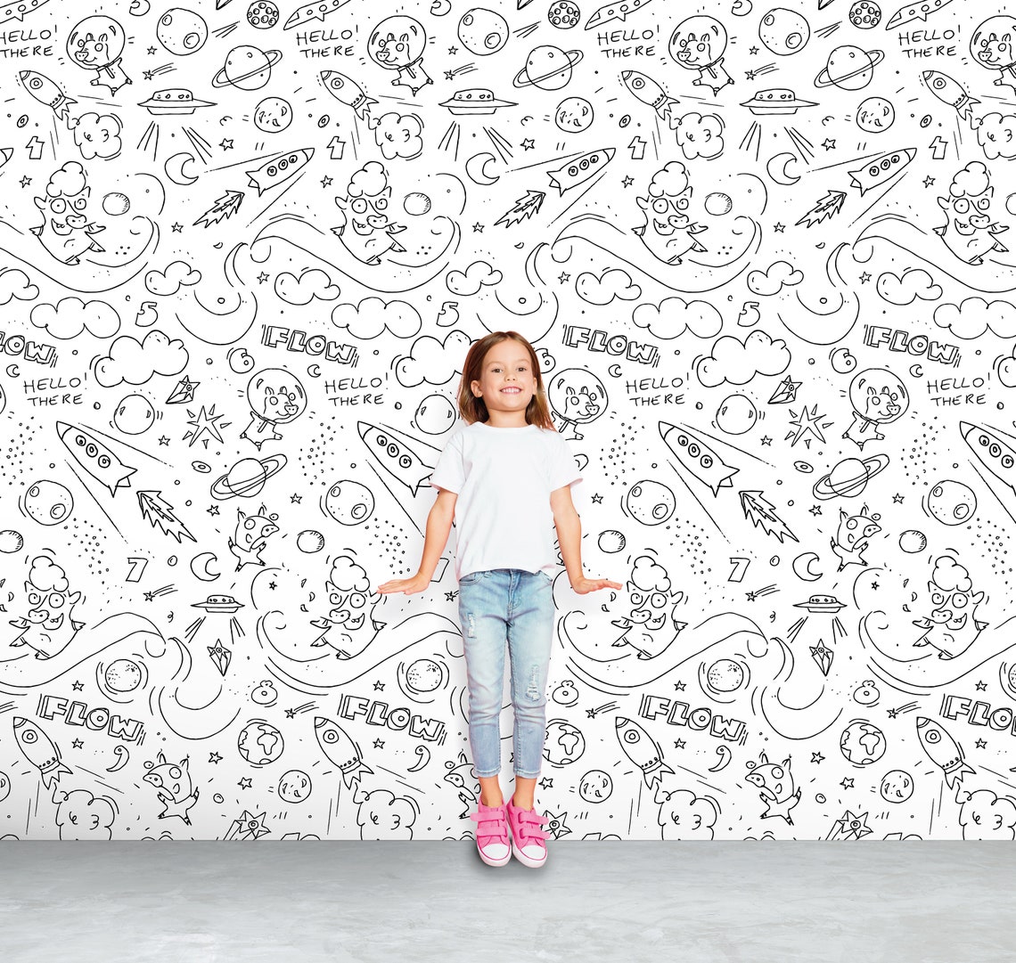 Pigs Colouring Book Removable Wallpaper, Kids Room Doodles Piglet ...