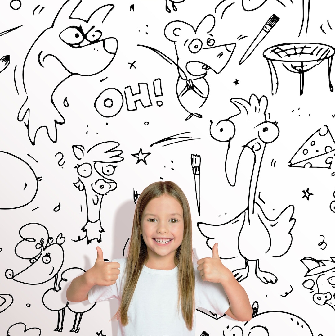 Colouring Book Removable Wallpaper, Kids Room Doodles Animals Wallpaper ...