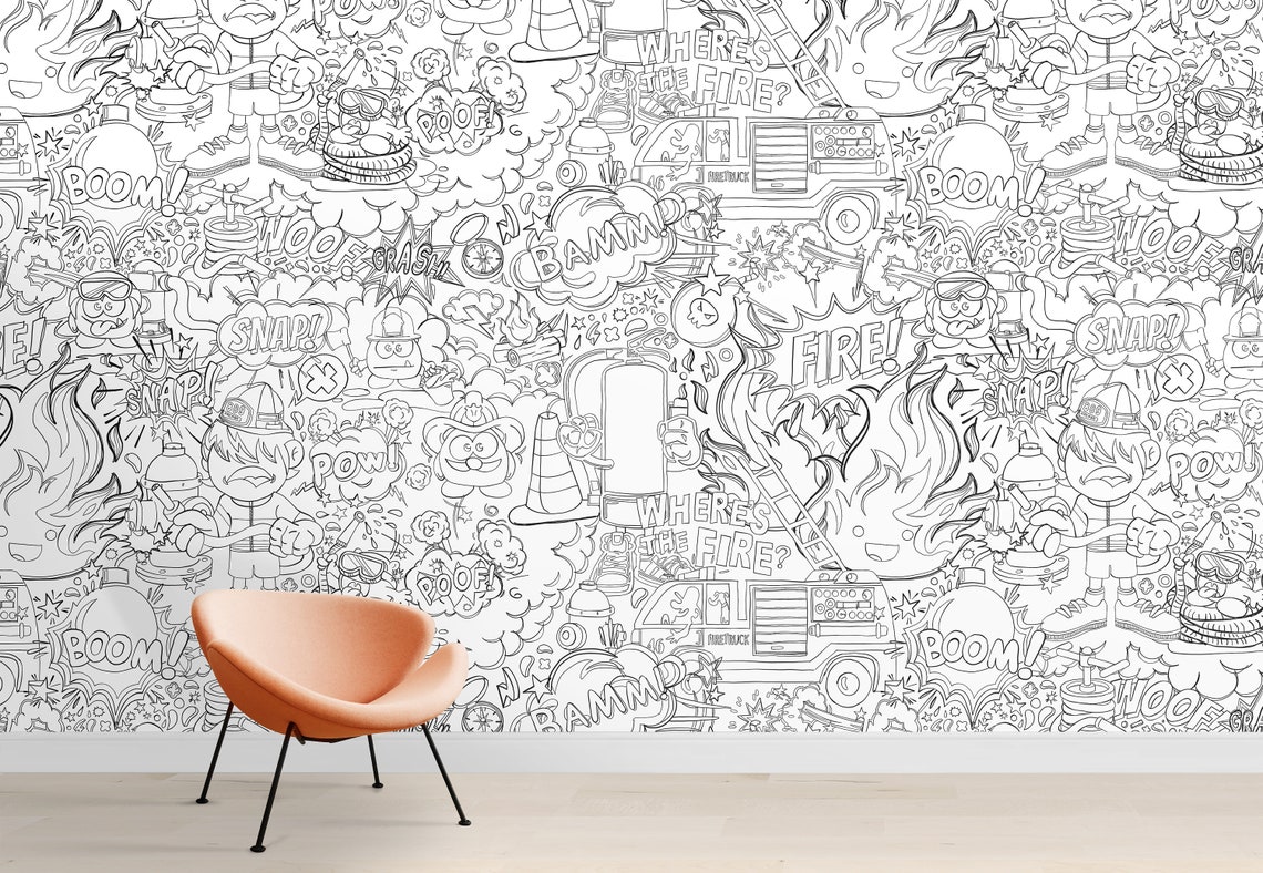 Boys Room Color Me Wallpaper, Fireman Doodles Wall Murals, Coloring ...