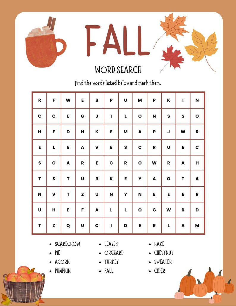 Fall Theme Word Search for Kids Printable PNG - Etsy