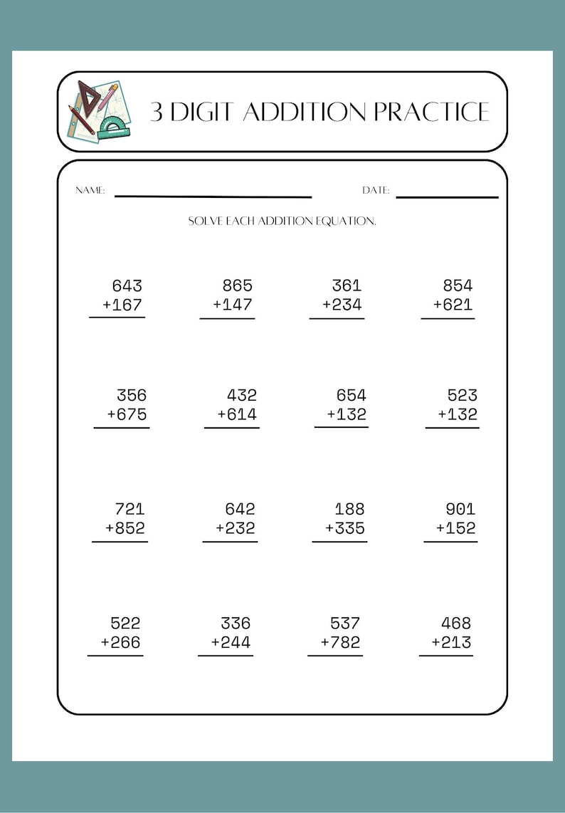 3 Digit Addition Worksheet Printable - Etsy