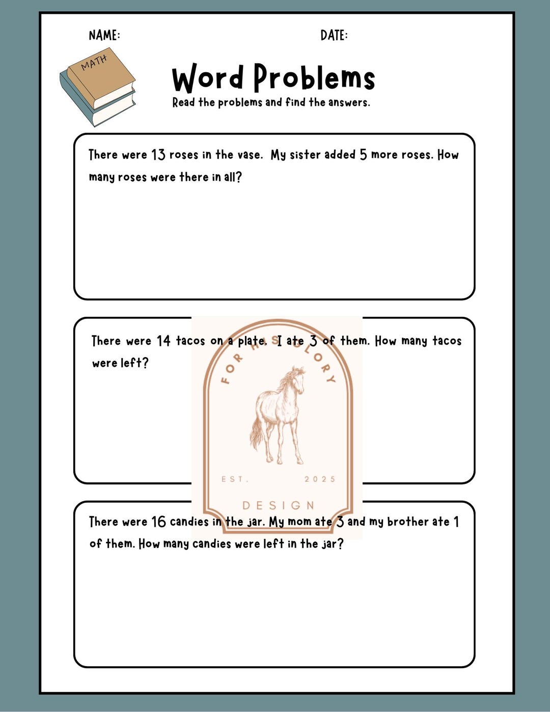 Simple Word Problem Printable Worksheet for Kids Early Elementary ...