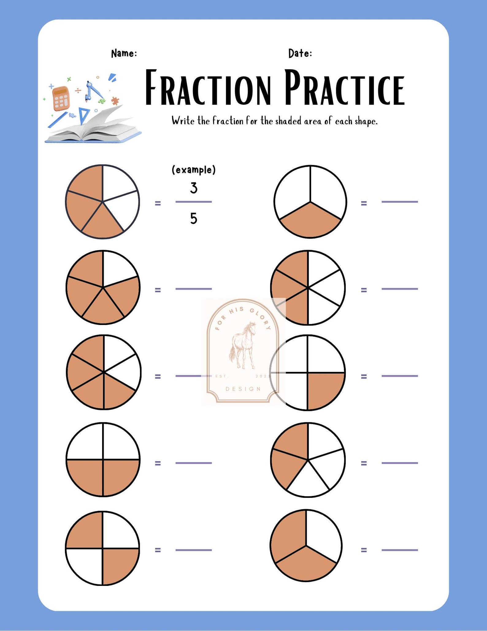 Fraction Practice Worksheet Printable Homeschool Kids School PNG - Etsy