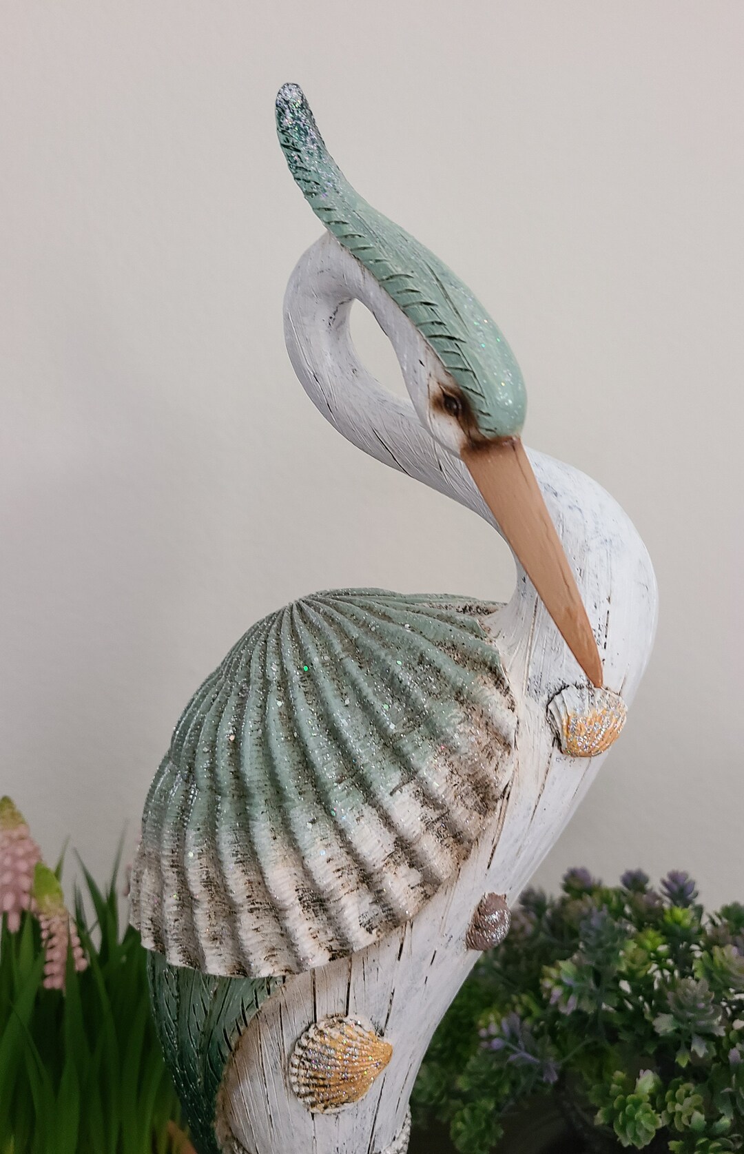 Tall 18" Crane Bird With Pop Out Seashells Sea Shells Statue Sculpture ...
