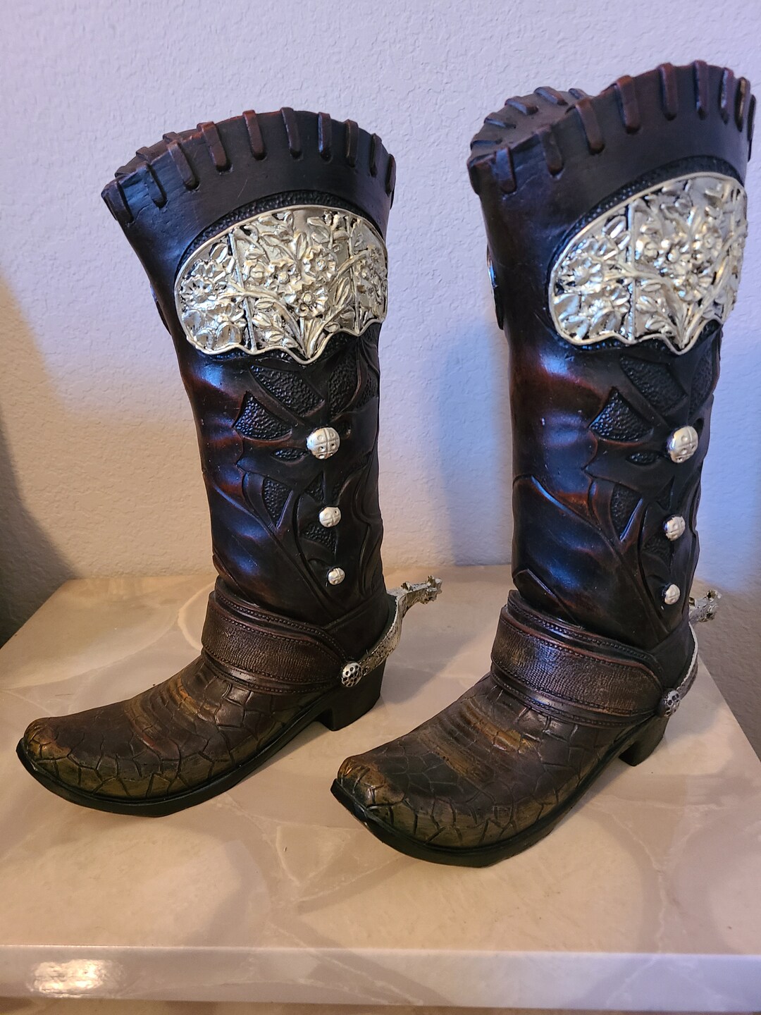 Pair of Western Cowboy Boots With Spurs Decoration Statue Sculpture ...
