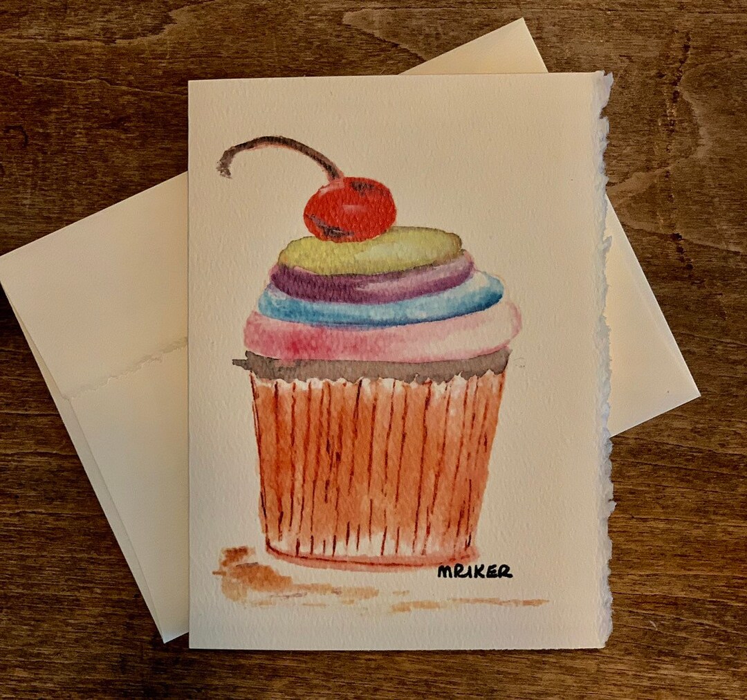 Watercolor Cupcake Birthday Card Set - Etsy
