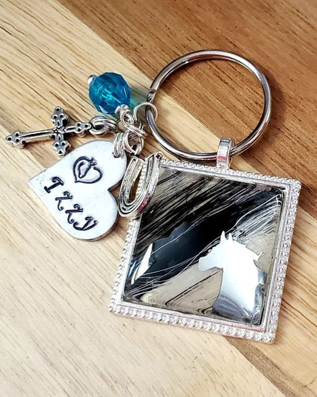 Square Shaped Horse Hair Key Chain With Horse Emblem, Crystal, Custom ...