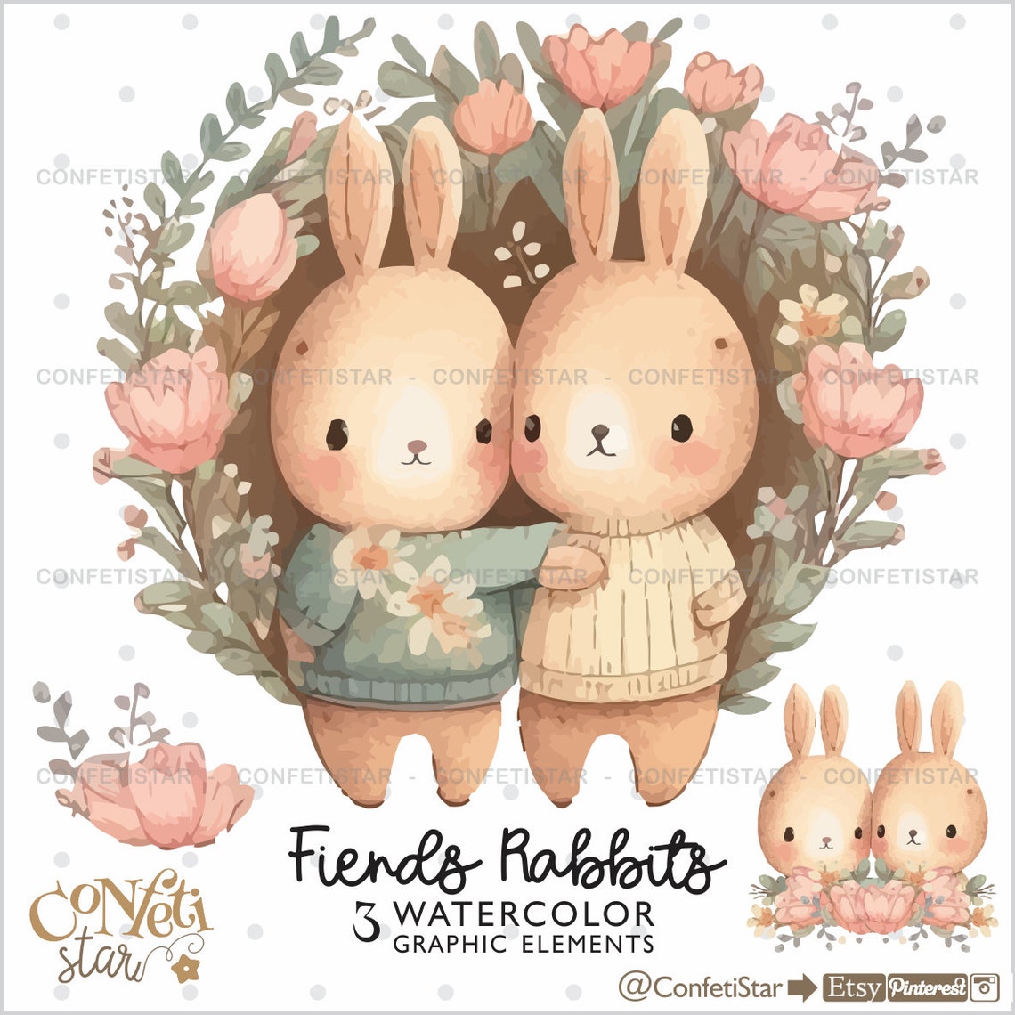 Easter Clipart Rabbits Clipart Bunnies Clipart Floral - Etsy