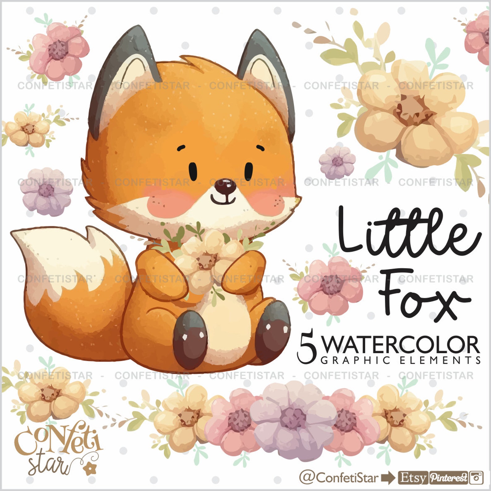 Watercolor Fox Clipart Fox Graphics Fox Clip Art Woodland - Etsy