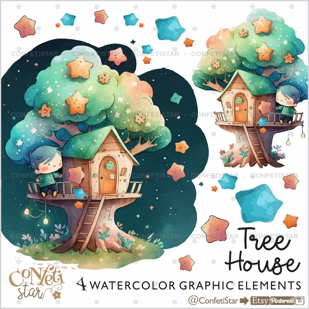 Watercolor Treehouse Clipart, Tree House Clipart, Treehouse Clipart ...