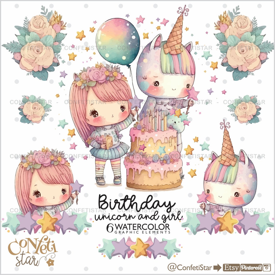 Birthday Clipart Unicorn Clipart Unicorn Watercolor Girl - Etsy