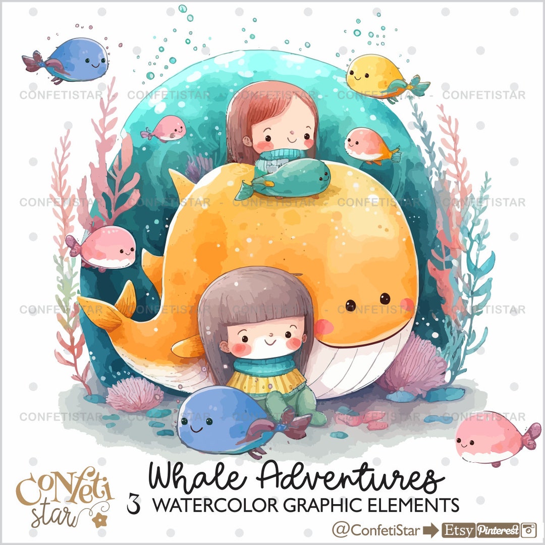 Whale and Kids Clipart, Nursery Art Decor, Summer Clipart, Ocean ...