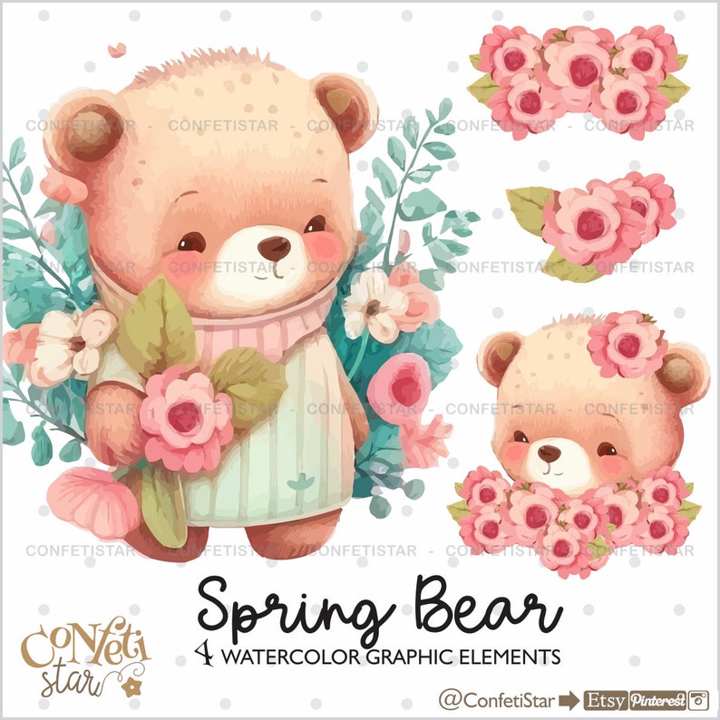 Spring Bear Clipart Spring Clipart Teddy Bear Clipart Bear - Etsy