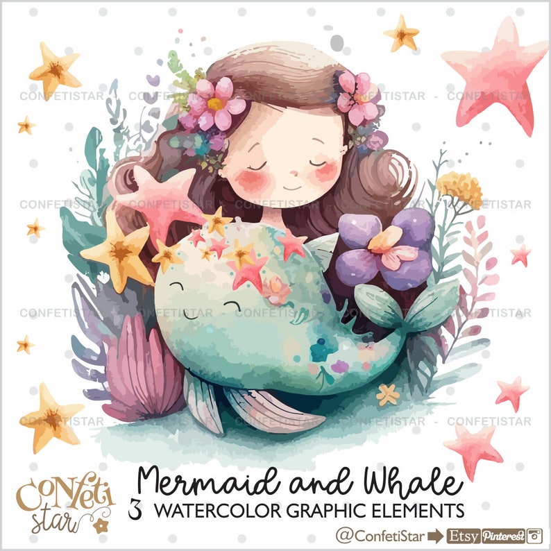 Watercolor Mermaid Clipart Vector Mermaid With Whale Mermaid - Etsy