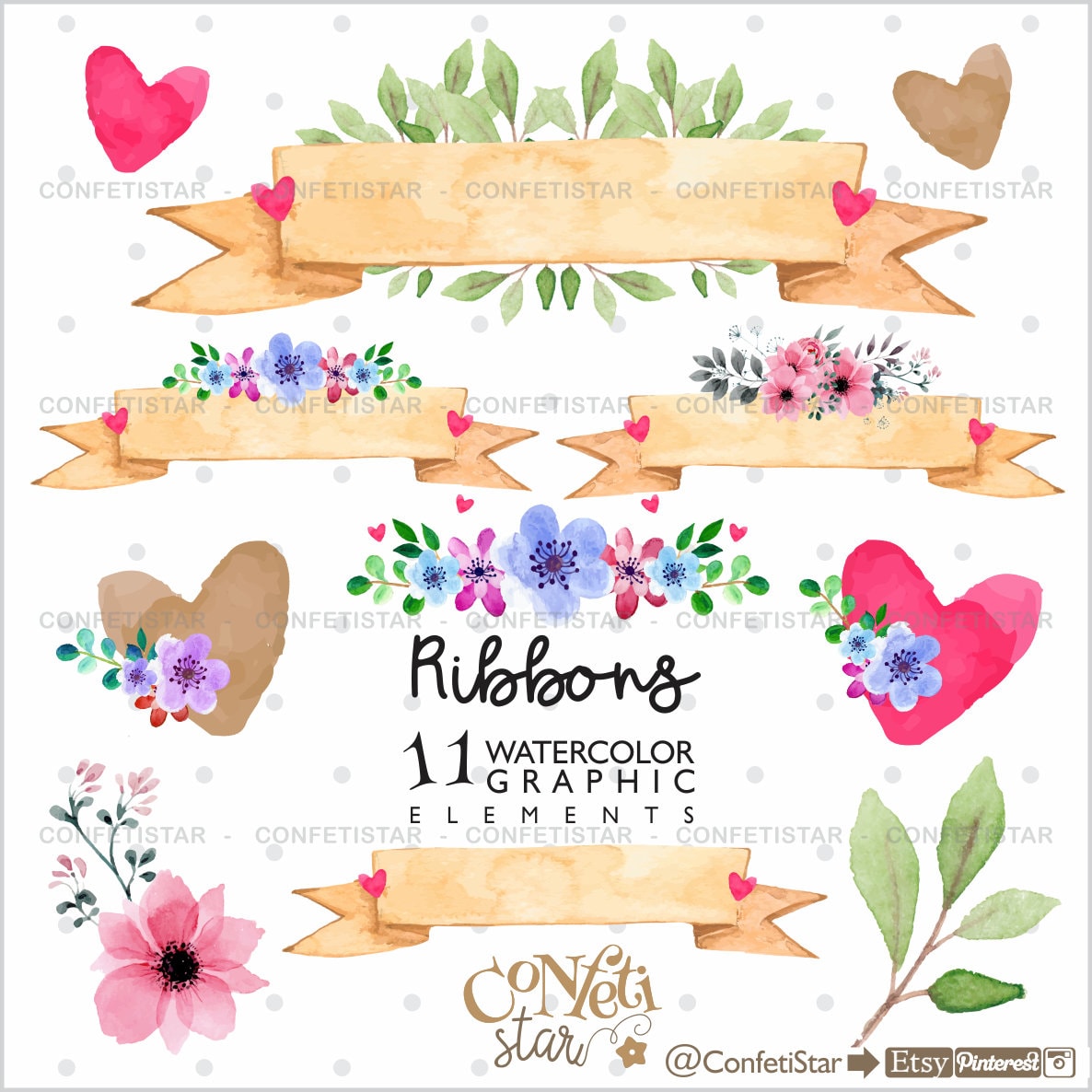 Spring Clipart Ribbons Clipart COMMERCIAL USE Watercolor - Etsy