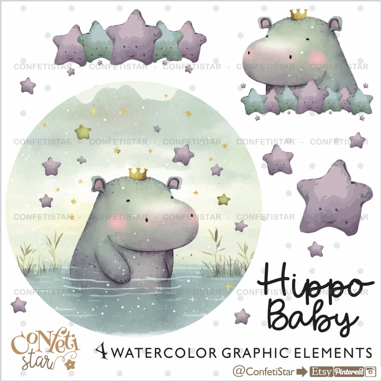 Hippo Clipart Hippo PNG Hippos Watercolor Mother Clipart - Etsy