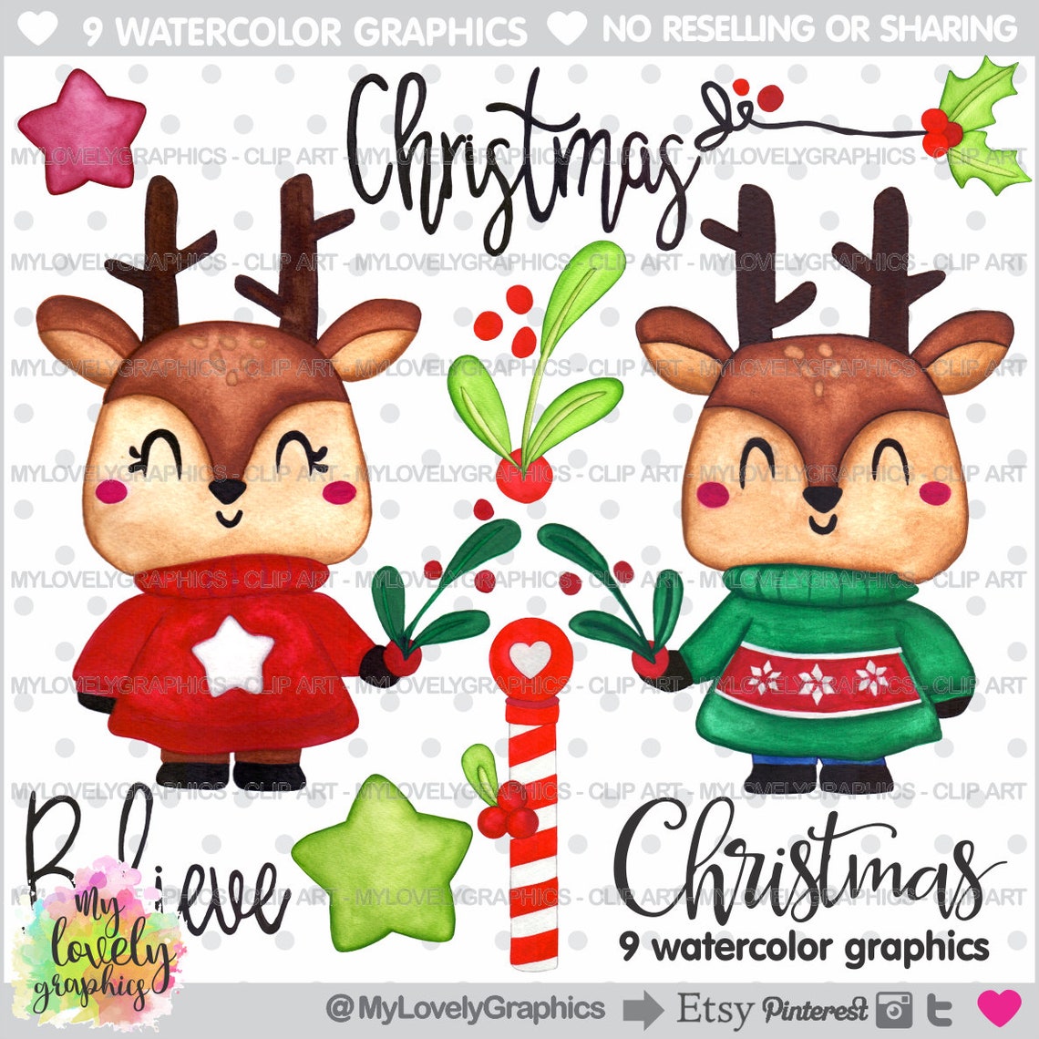 Christmas Clipart Christmas Graphics Christmas Deer Clipart - Etsy