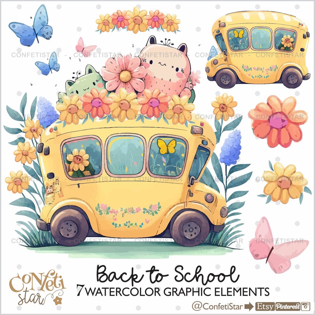 School Bus Clipart, Watercolor School Clipart, Back to School Clipart ...