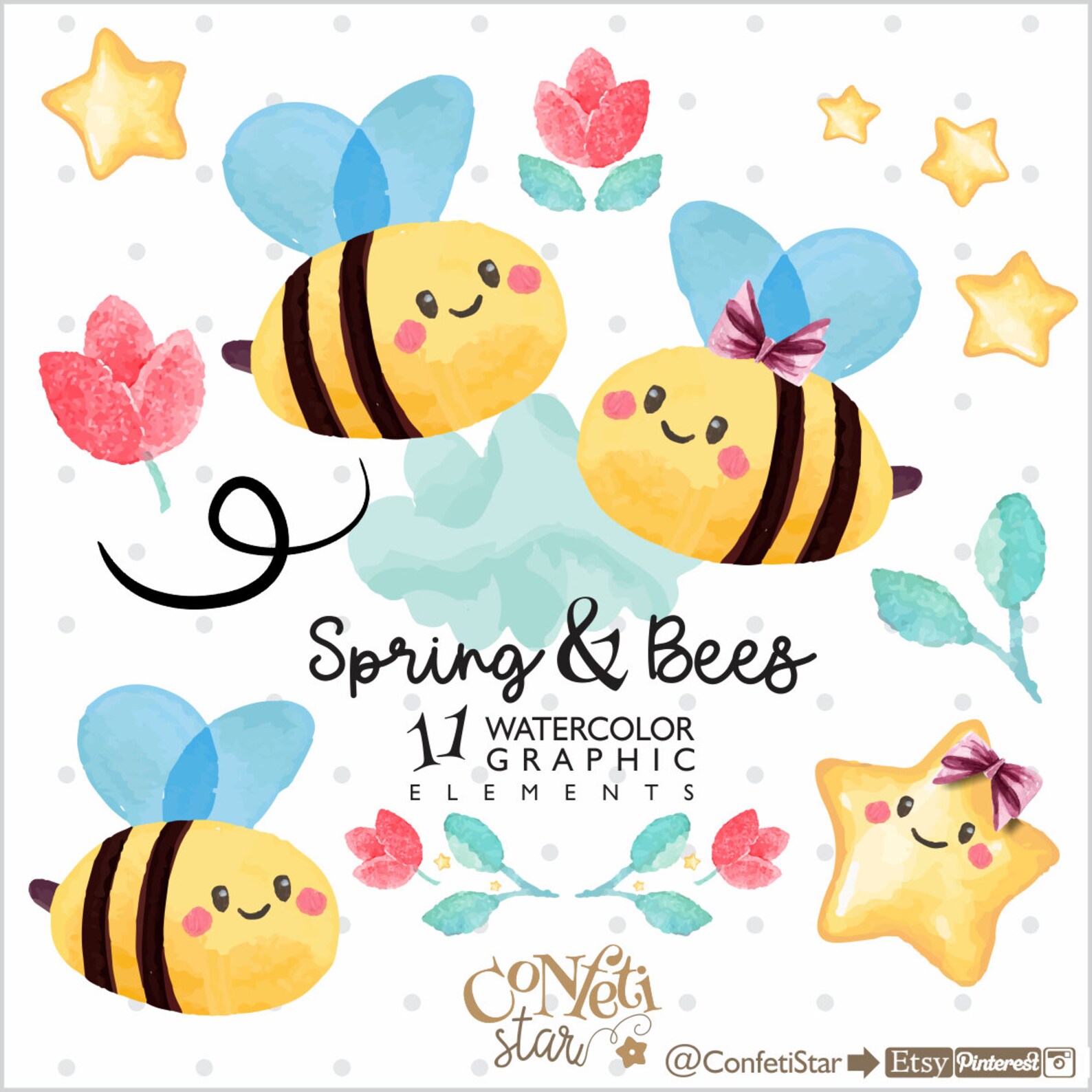 Bee Clipart Spring Clipart COMMERCIAL USE Watercolor Bees | Etsy
