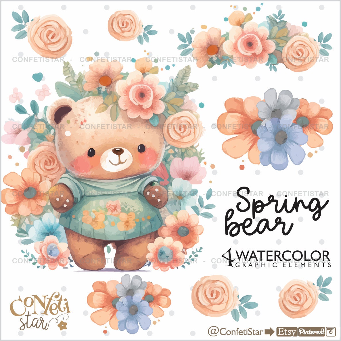 Spring Bear Clipart Teddy Bear Clipart Bear Clipart - Etsy