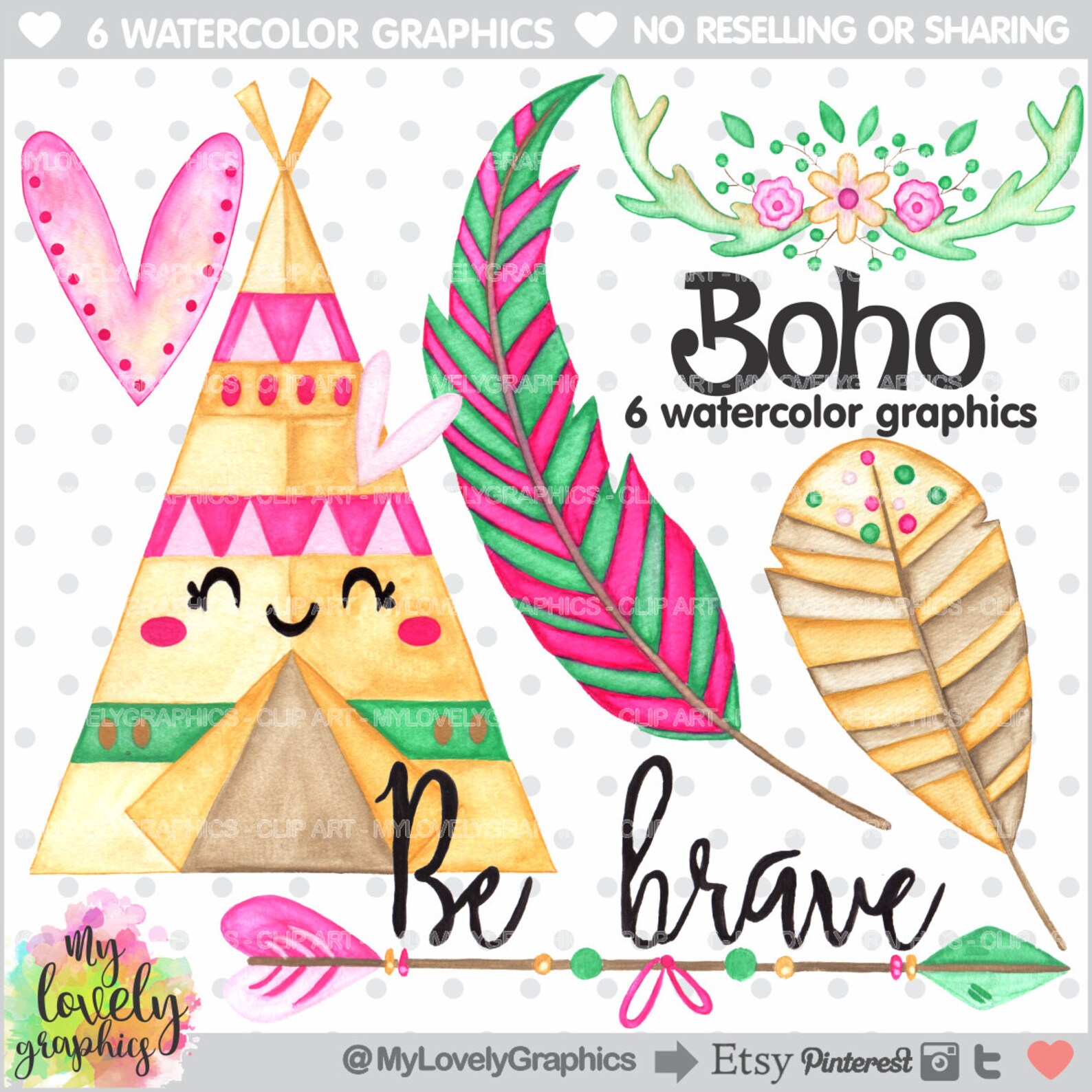 Boho Clipart Boho Graphics Clipart Watercolor COMMERCIAL - Etsy
