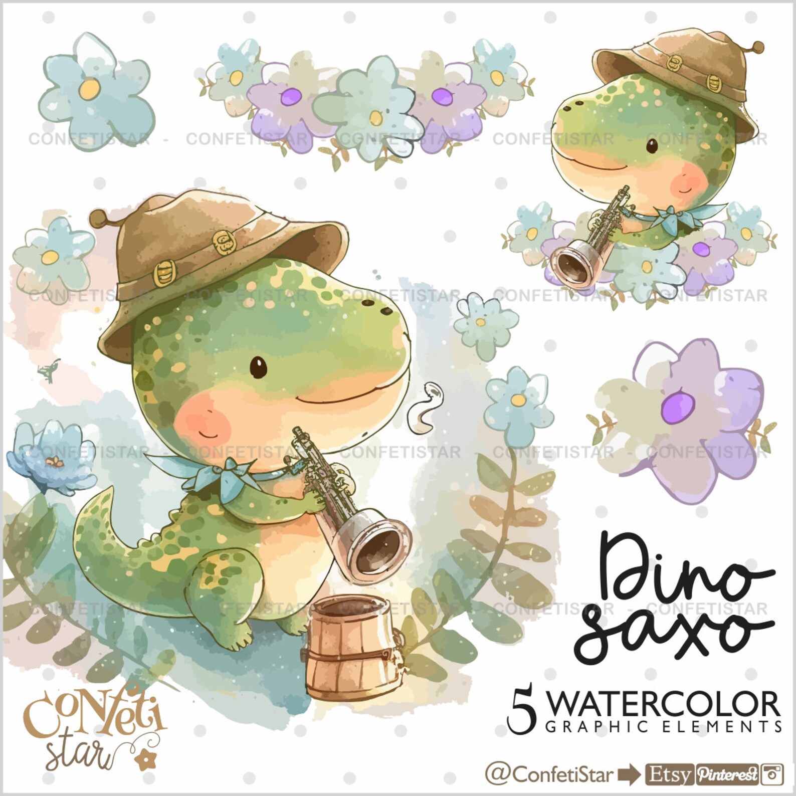 Dino Clipart Dinosaur Clipart Cute Dino Clipart Watercolor - Etsy