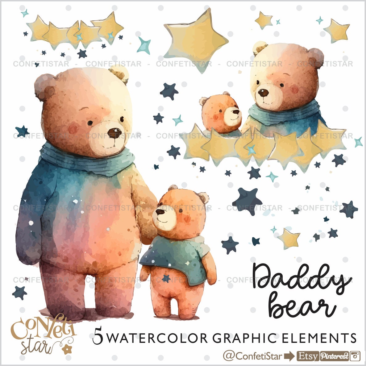Watercolor Bear Clipart Father's Day Clipart Family - Etsy UK