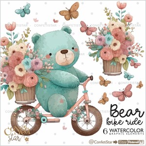 Bear Clipart, Riding Bicycle Clipart, Watercolor Bear Clipart, Woodland ...