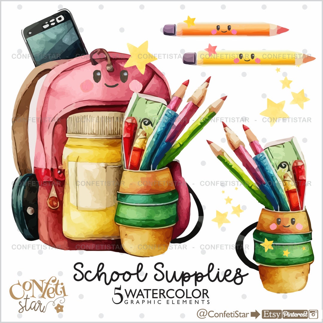 School Supplies Clipart, School Clipart, Back to School Elements ...