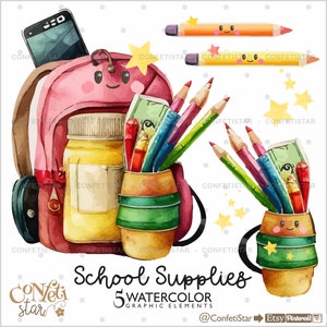 School Supplies Clipart, School Clipart, Back to School Elements ...