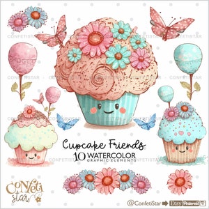 Watercolor Cupcakes, Cupcake Clipart, Dessert Clipart, Romantic Cupcake ...