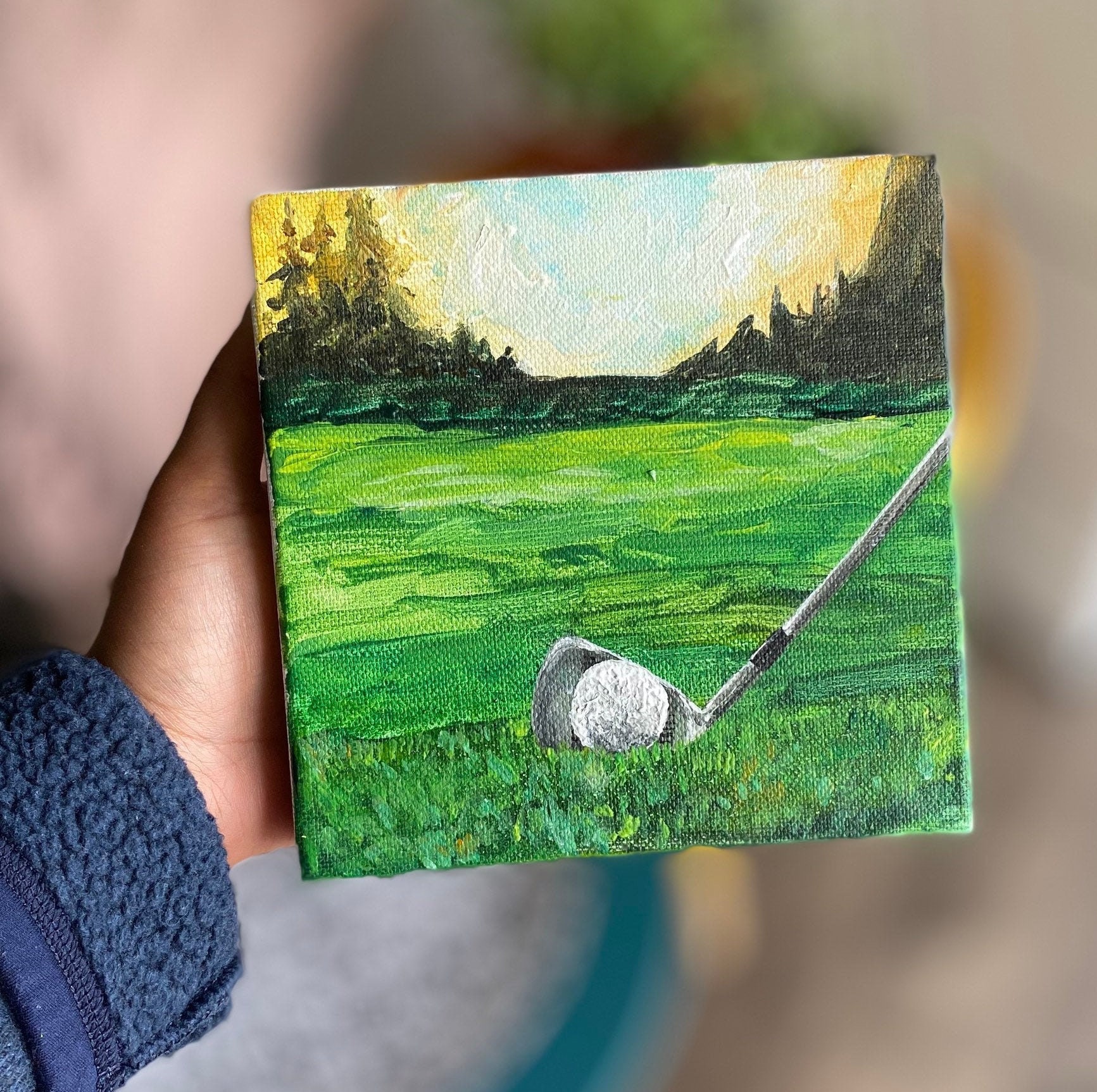 Golf Artwork Golf Ball Painting Features Iron on Grass Sun Set Golfing ...