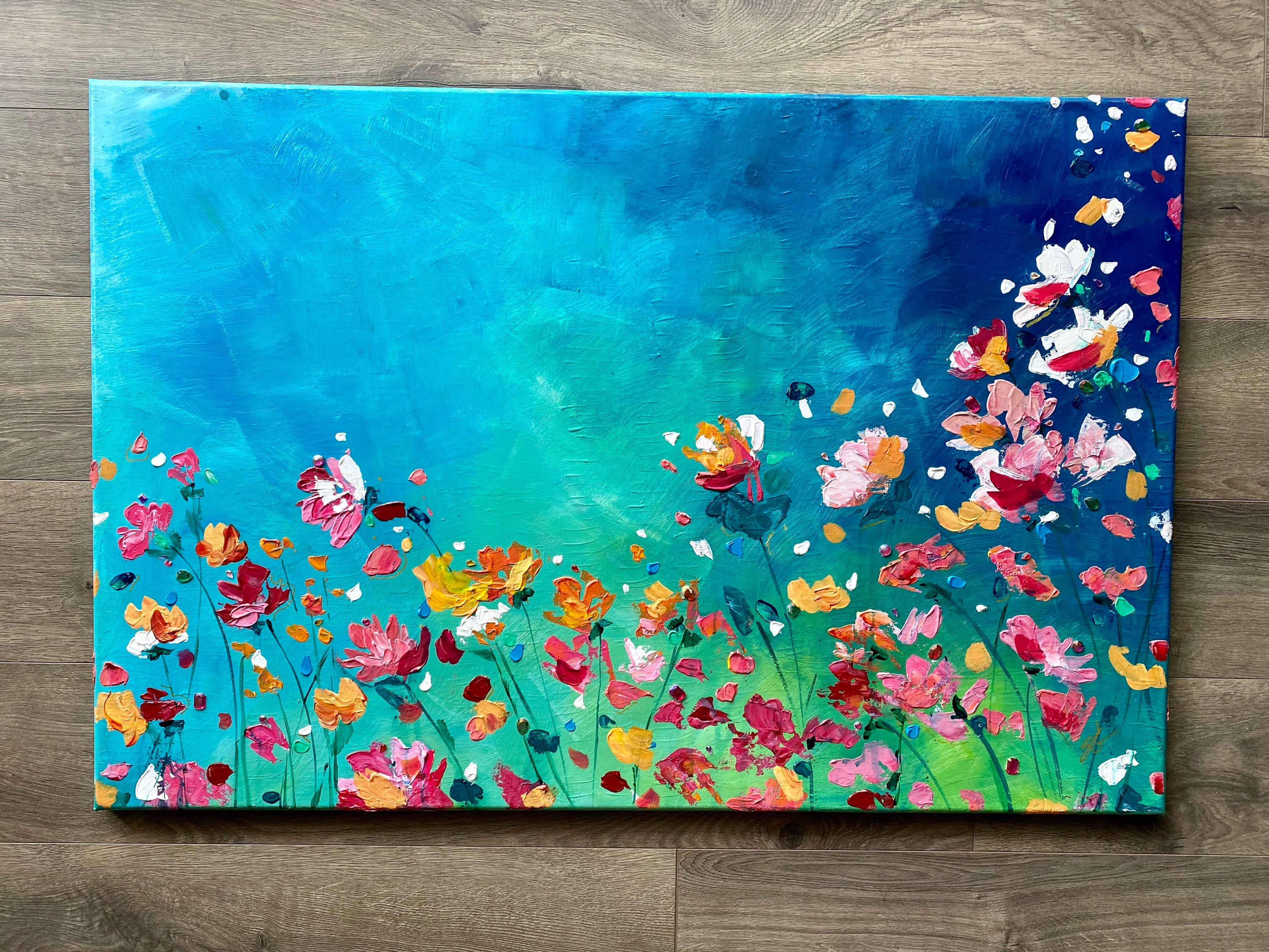 Teal Aqua Turquoise Abstract Flowers Large Original Artwork for Sale ...